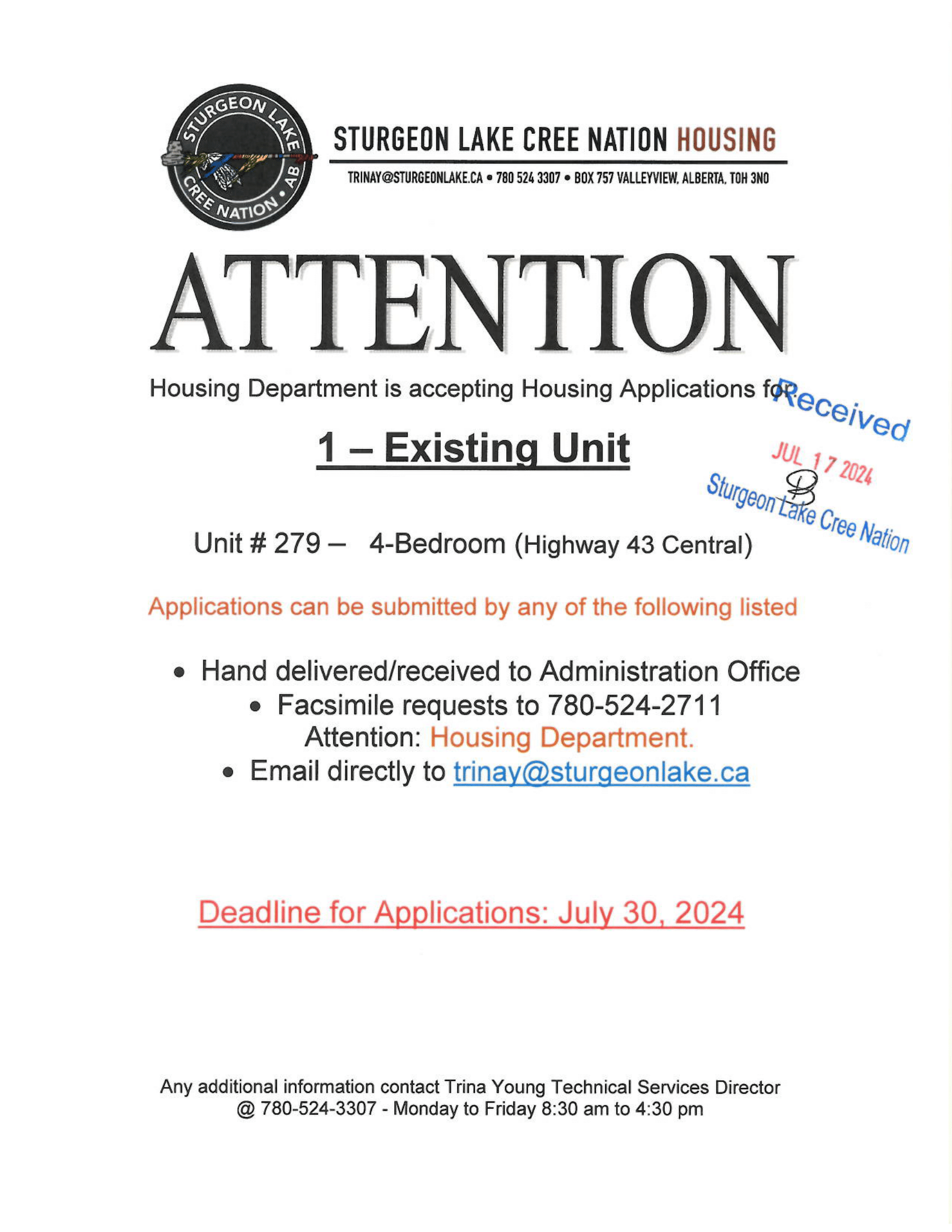 Housing department – Accepting applications – Sturgeon Lake Cree Nation